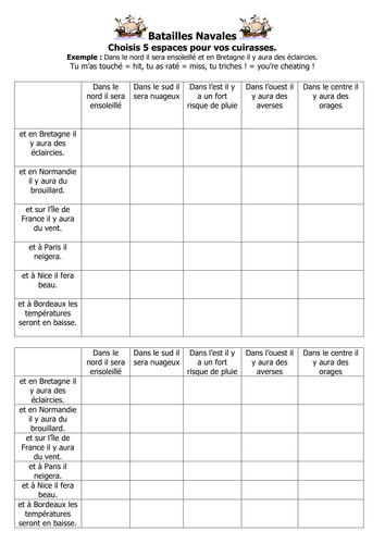 French Teaching Resources: Weather Matching Cards & Battleships ...