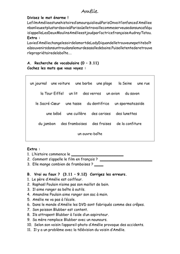 French Film Teaching Resources: Amélie Worksheets. | Teaching Resources