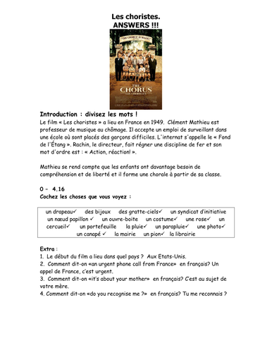 French Teaching Resources: Film Worksheet: Les Choristes. | Teaching ...