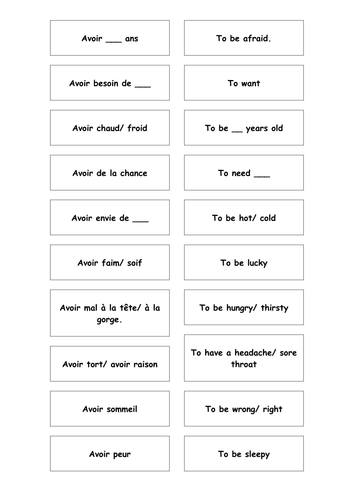 French - English Matching Cards: Expressions with Avoir Teaching ...