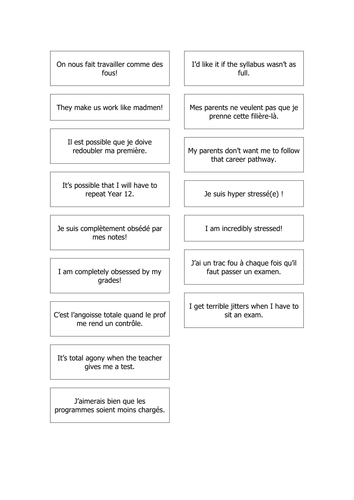 French - English Matching Cards: School Stress! AS Level Education ...