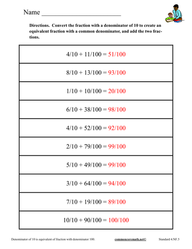 Convert Denominators from 10 to 100 and Add Fractions - 4.NF.5 ...