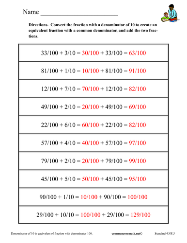 Convert Denominators from 10 to 100 and Add Fractions - 4.NF.5 ...