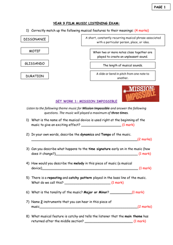 Year 9 Film Music Listening Assessment | Teaching Resources