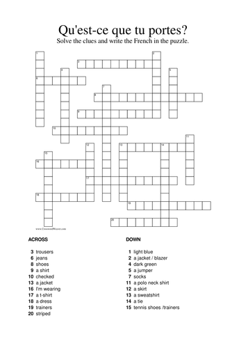 Clothes Crossword in French | Teaching Resources