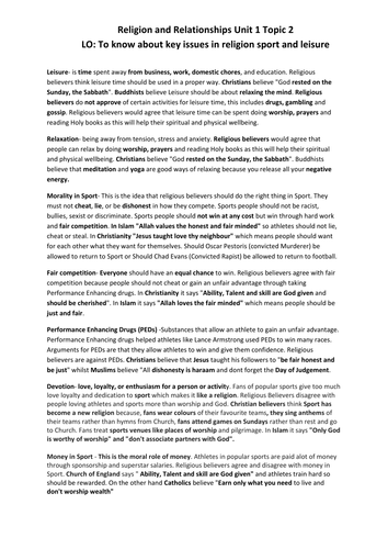 GCSE RS AQA SPEC B Unit 1 Religion Sport and Leisure Revision ...