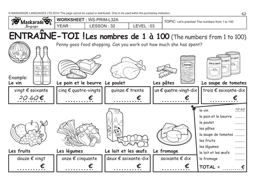 FRENCH (UNIT 5: FOOD): YEAR 5 & 6: Food shopping / Adding numbers up to ...