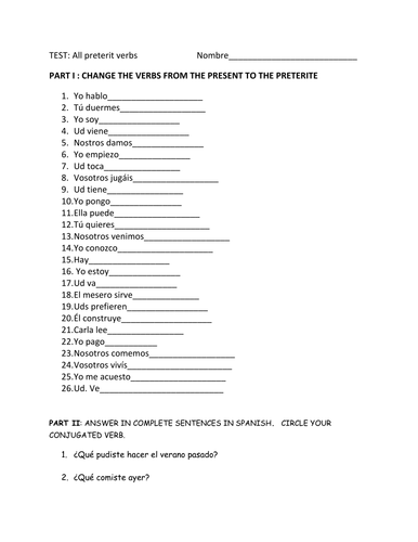 Preterit test all verbs Spanish | Teaching Resources