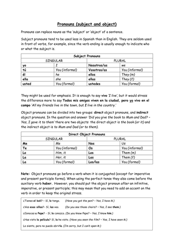 Subject and Object Pronouns Summary Sheet | Teaching Resources