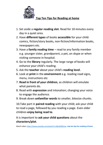Top Ten Tips for Reading at Home (Parents) | Teaching Resources