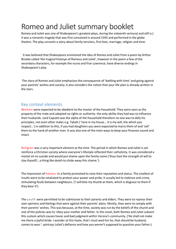 ROMEO AND JULIET SUMMARY BOOKLET GCSE ENGLISH LITERATURE | Teaching ...