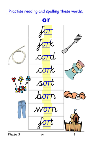 Phase 3: 'or' sound [as in north, sort]: table/group cards, activities ...