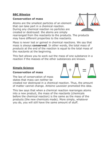 Conservation of mass, balancing equations activity booklet | Teaching ...