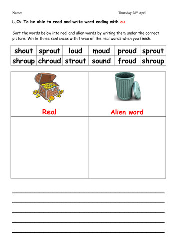 Phonics worksheet for ou phoneme | Teaching Resources