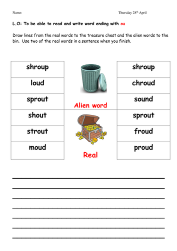 Phonics worksheet for ou phoneme | Teaching Resources
