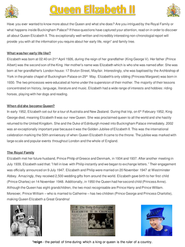 Queen Elizabeth II Reading Comprehension | Teaching Resources