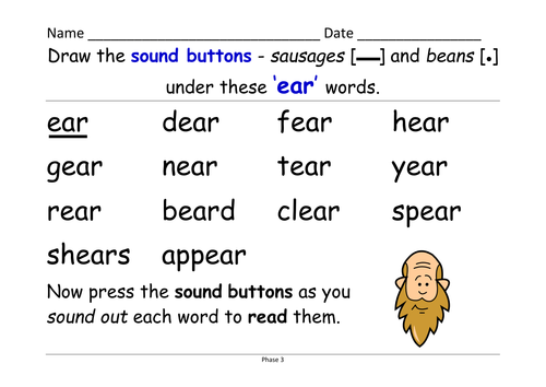 Phase 3: 'ear' grapheme [as in dear, appear]: table/group cards ...