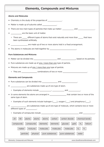 Elements Compounds And Mixtures Worksheet Poem