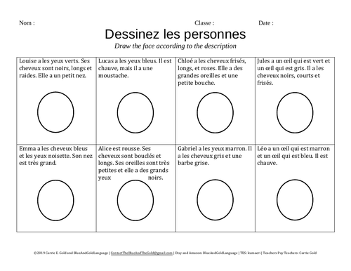 French Drawing Worksheet: Describing People Vocabulary ~ Beginning ...