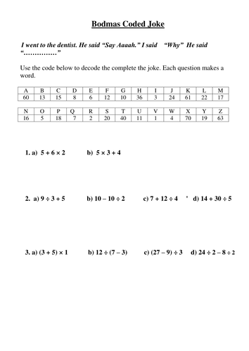 Bidmas/Bodmas Coded Joke | Teaching Resources
