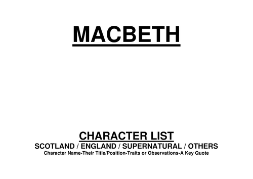 MACBETH - LIST OF THE PLAY'S CHARACTERS IN FOUR INDIVIDUAL TABLES ...