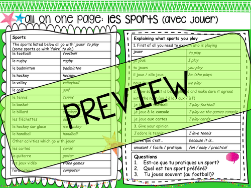 French Vocabulary Mat: Sports with jouer (plus sport mini book ...