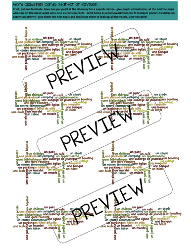 French Vocabulary Mat: Places in Town (plus mini word clouds activity ...