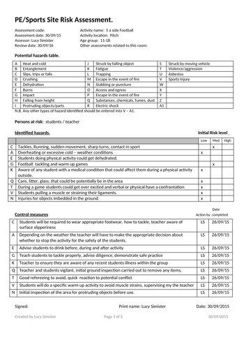 Risk Assessment for PE | Teaching Resources