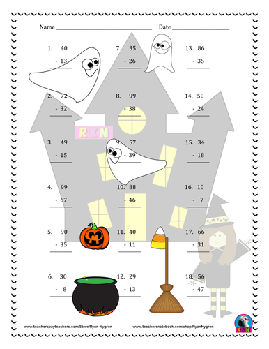 Two Digit Subtraction Worksheets - Halloween Themed - Vertical ...