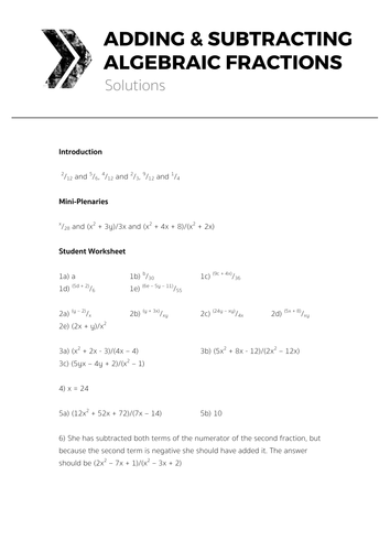 Adding & Subtracting Algebraic Fractions - Complete Lesson | Teaching ...