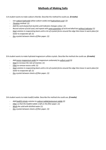 Methods of making salts - summary questions and mark scheme | Teaching ...
