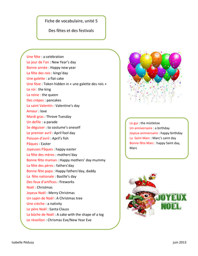 Fiche de vocabulaire, les fêtes et les festivals, Encore Tricolore 1 ...