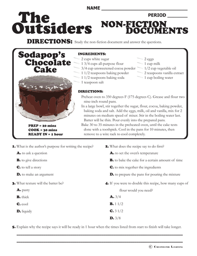 OUTSIDERS Sodapop's Cake Recipe - Non-Fiction Docs | Teaching Resources