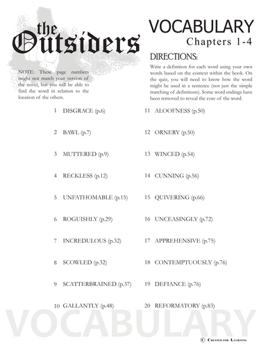 OUTSIDERS Vocabulary List & Quiz w/ Answer Keys (by S.E. Hinton ...