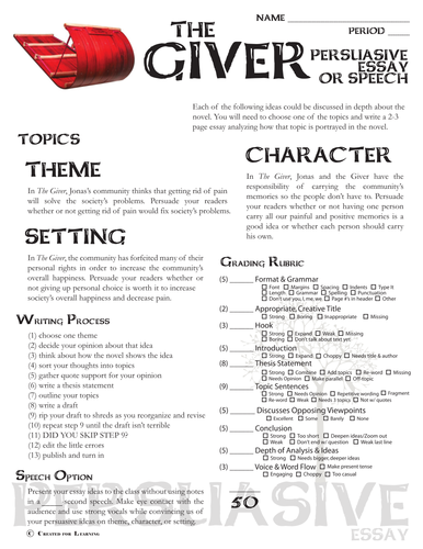 GIVER Essay and Speech (Persuasive) | Teaching Resources