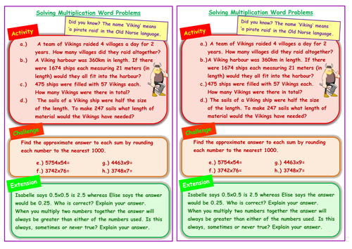 Viking themed multiplication word problems involving rounding ThHTU x ...