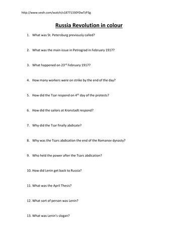 Russia Revolution - question sheet for video | Teaching Resources