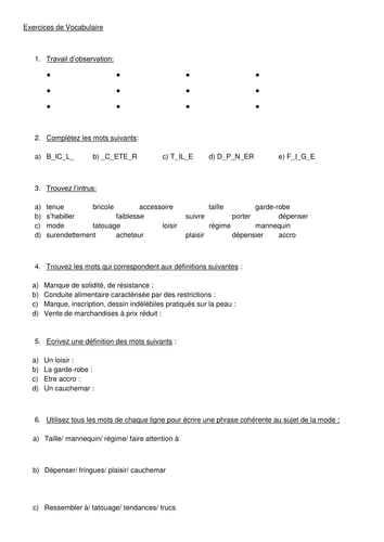 Vocabulary list and test on LA MODE | Teaching Resources