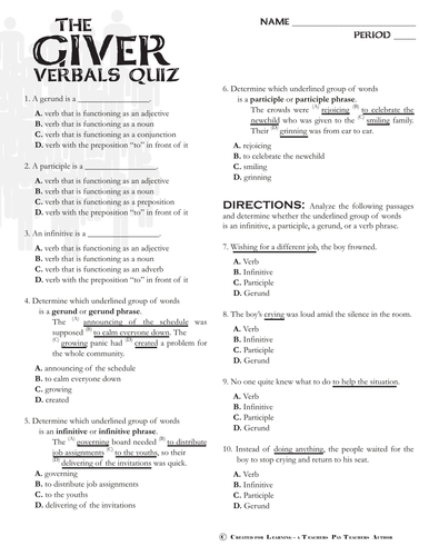 GIVER Verbals (Infinitives, Participles, Gerunds) Activity and ...