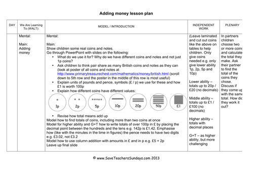 Adding Money Coins and Notes KS1 Worksheets, Lesson Plans and ...