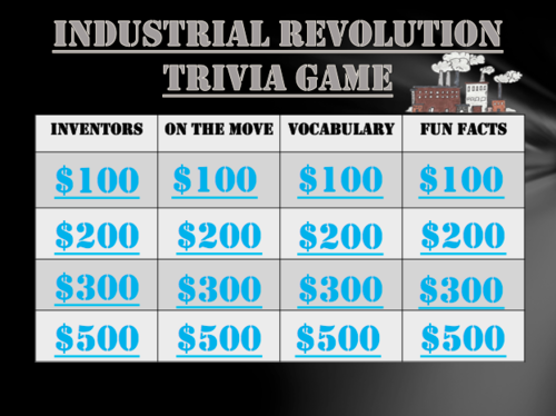Industrial Revolution Jeopardy Trivia Game Fun Stuff! Cotton Gin, Steam ...