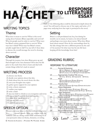 HATCHET Essay Topics & Grading Rubrics (by Gary Paulsen) | Teaching ...