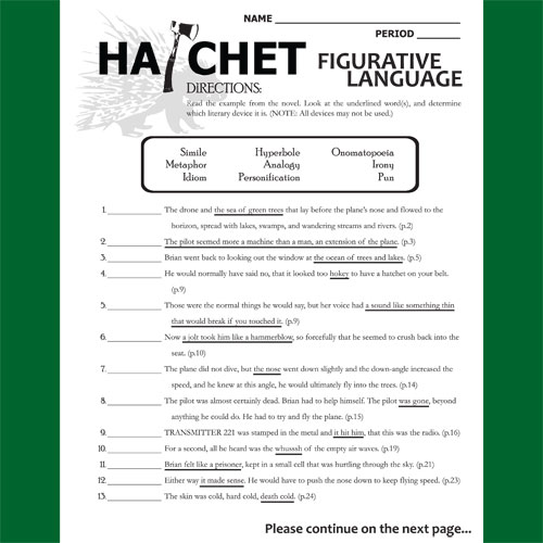 HATCHET Figurative Language Analyzer (51 quotes) | Teaching Resources
