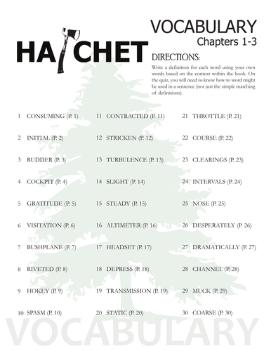 HATCHET Vocabulary Complete Novel (150 words) | Teaching Resources