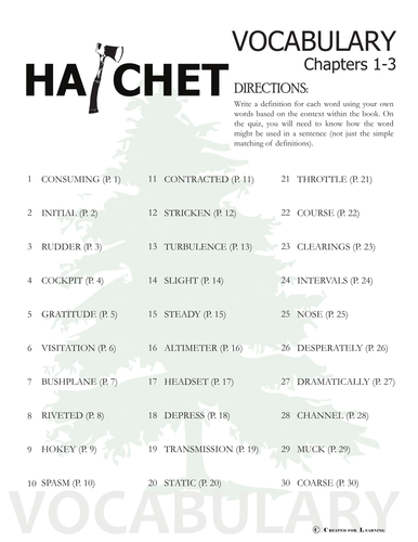 HATCHET Vocabulary List and Quiz (30 words, chs 1-3) | Teaching Resources