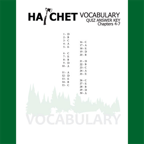 HATCHET Vocabulary List and Quiz (30 words, chs 4-7) | Teaching Resources