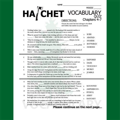 HATCHET Vocabulary List and Quiz (30 words, chs 4-7) | Teaching Resources