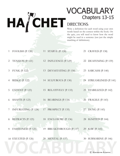 HATCHET Vocabulary List and Quiz (30 words, chs 13-15) | Teaching Resources