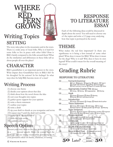 WHERE THE RED FERN GROWS Essay Topics & Grading Rubrics | Teaching ...