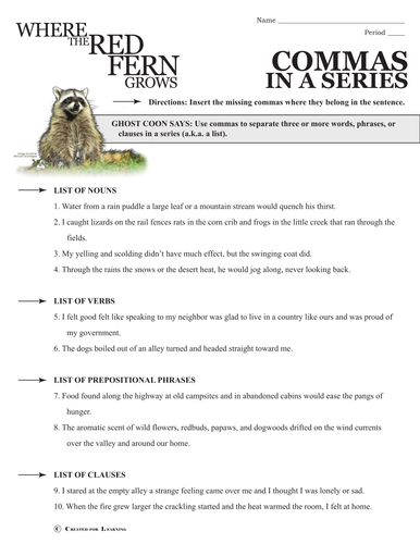 WHERE THE RED FERN GROWS Grammar Commas in a Series (List) | Teaching ...